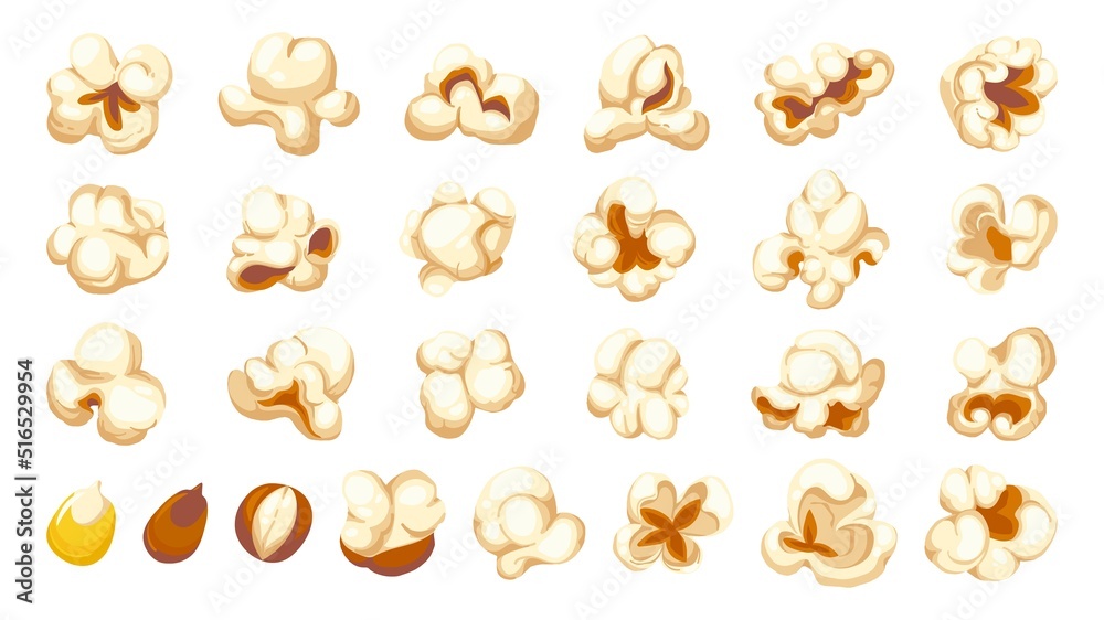 Cartoon popcorn shapes. Film and TV snacks of popping corn, cinema fun ...