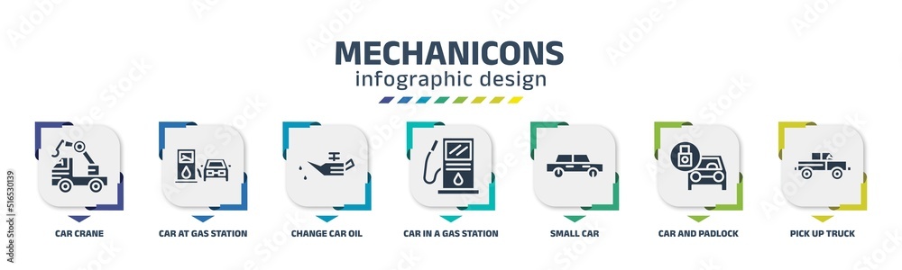 mechanicons infographic design template with car crane, car at gas ...