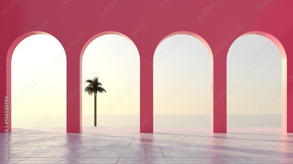 Abstract architectural design on the backdrop of the ocean with sunset ...