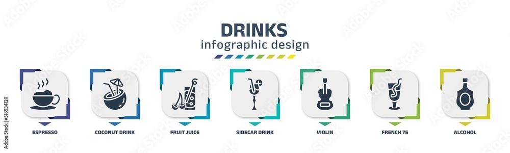 drinks infographic design template with espresso, coconut drink, fruit ...