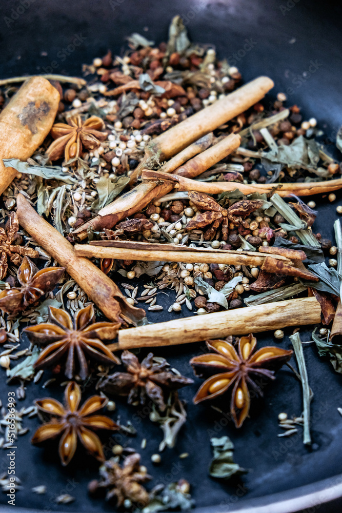 spices in a pan, A spice is a seed, fruit, root, bark, or other plant ...