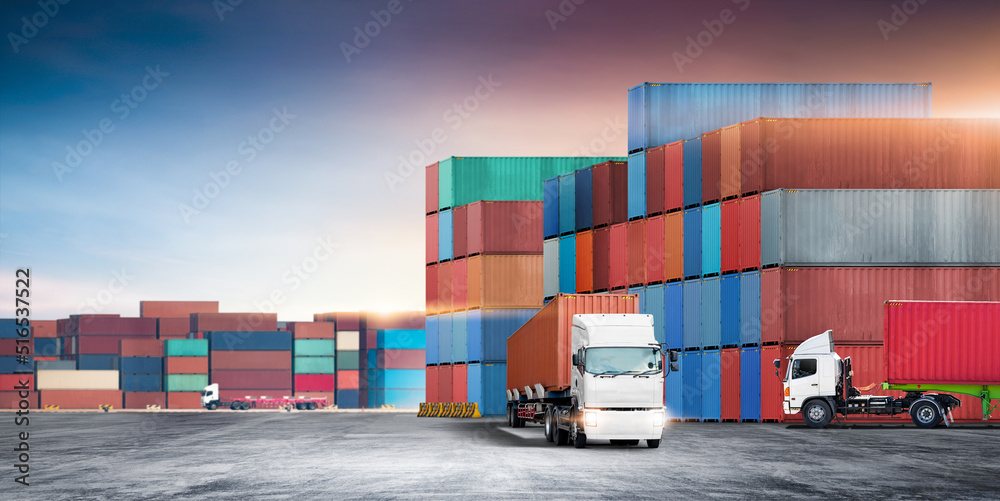 Transport of container truck at shipping depot dock yard background ...