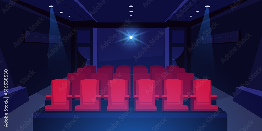 Cartoon cinema auditorium. Movie theater dark room with red seats and ...