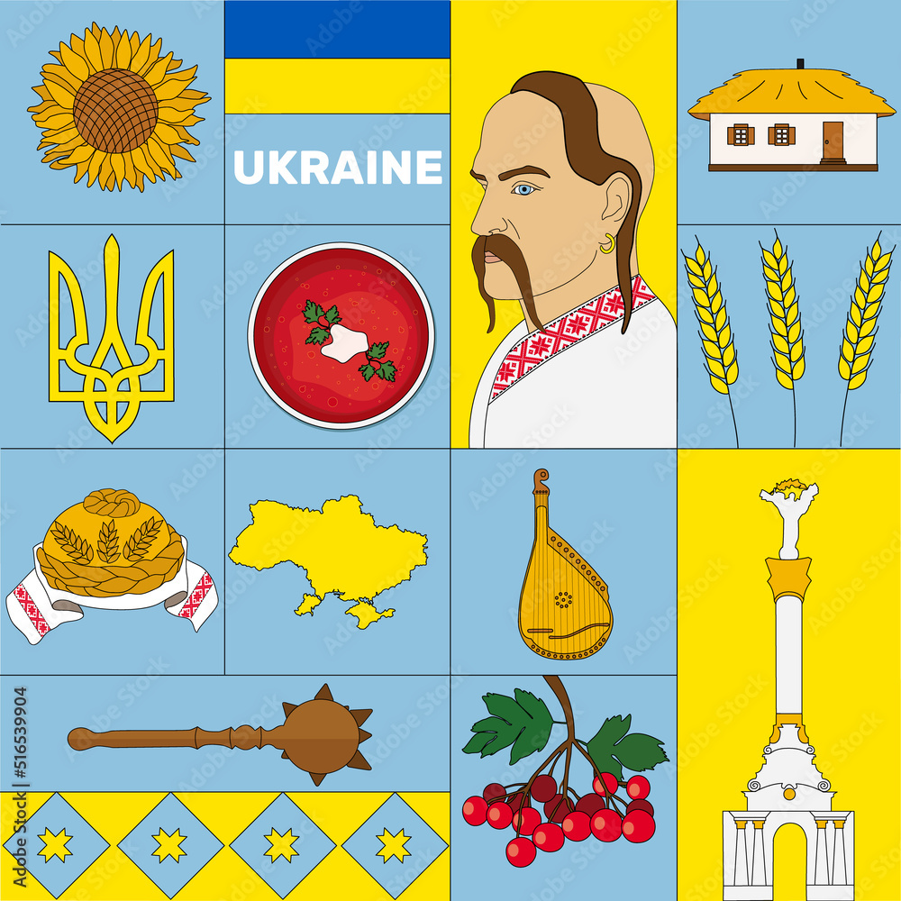 Welcome to Ukraine - Brochure vector design. Set of hand drawn national ...