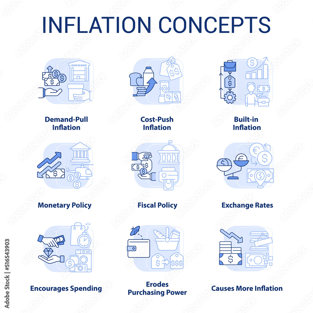 Inflation light blue concept icons set. Types and causes. Purchasing ...