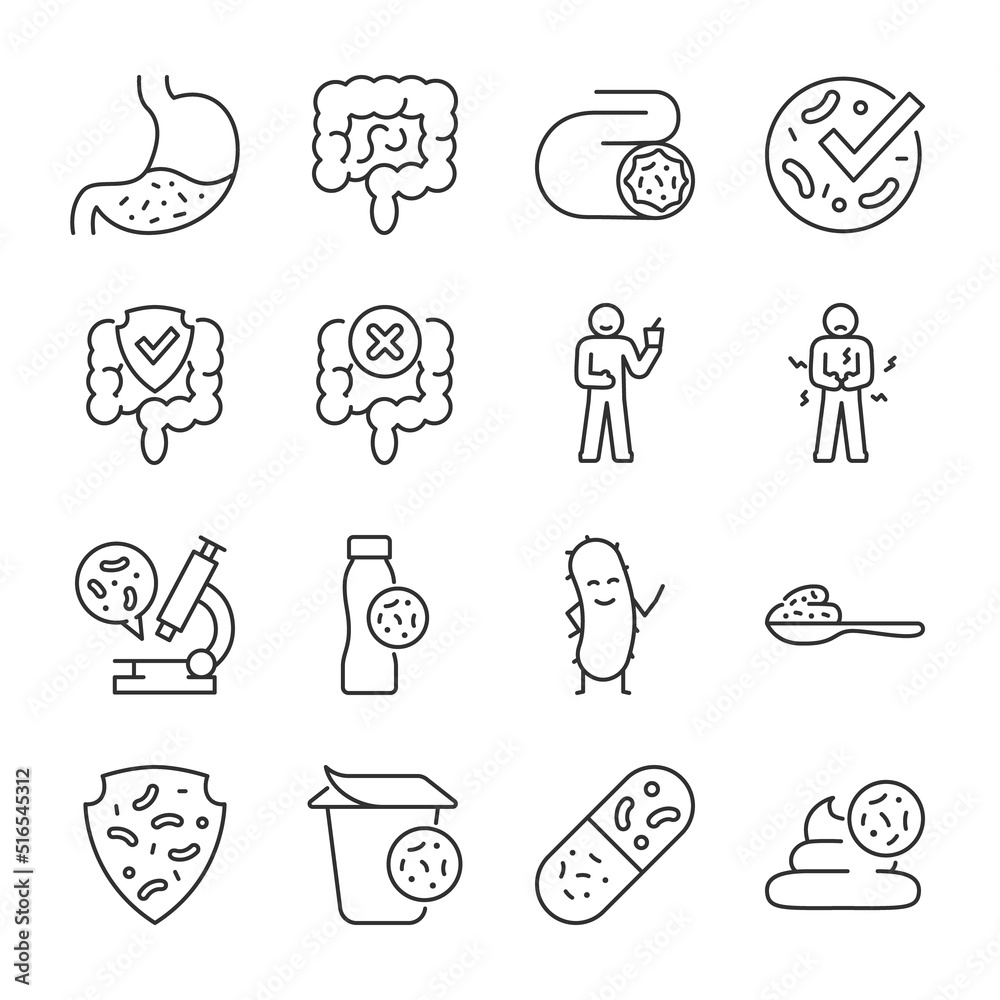 Gut microbiota, microflora icons set. Useful gut bacteria for digestion ...