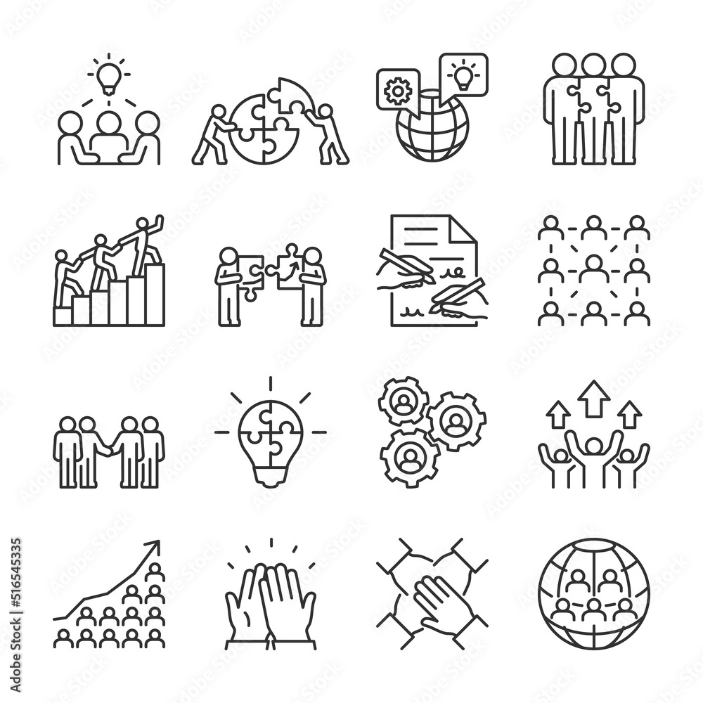 Business cooperation icons set. People work together for the growth and ...