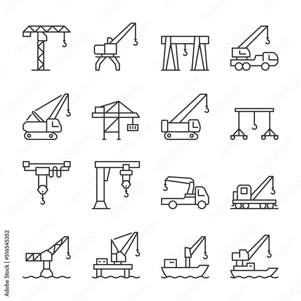 Crane icons set. Different types of cranes, linear icon collection ...