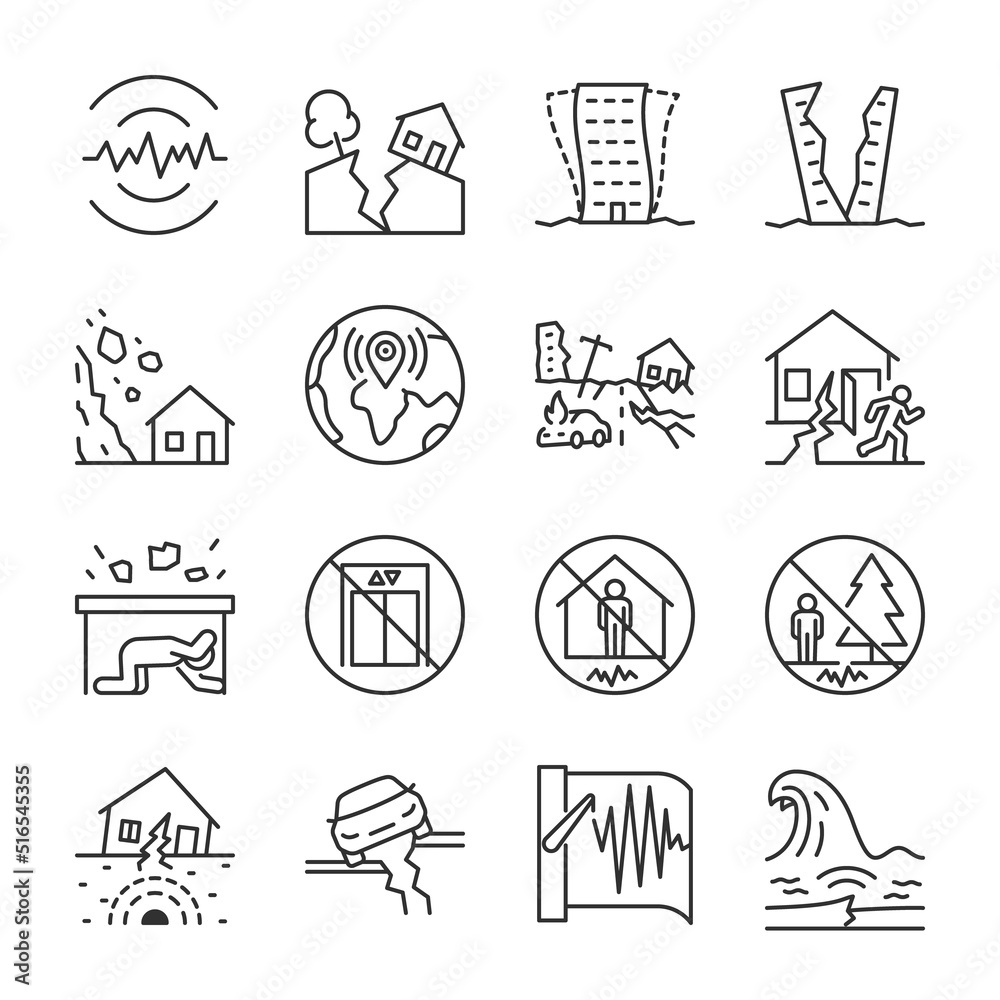 Earthquake icons set. Disaster damage. The aftermath of the catastrophe ...