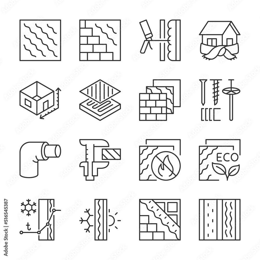Insulation of the house icons set. Insulation material, protection from ...