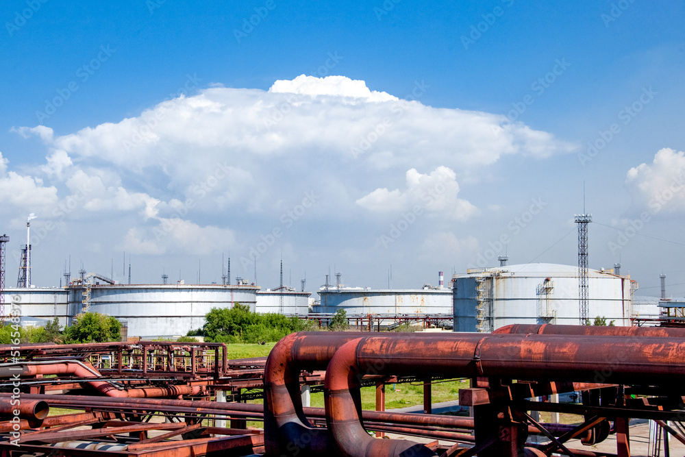 Refinery factory oil storage tank and pipelines. Oil and gas ...