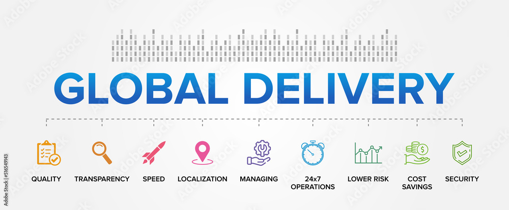 Global Delivery Center benefits vector icons set infographics ...