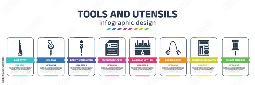tools and utensils infographic design template with carpentry, key ring ...