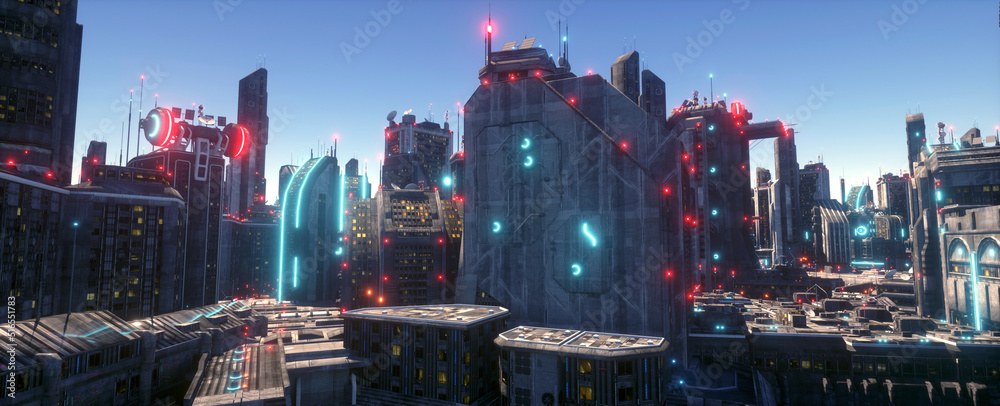 Neon city of a future. Industrial zone in a futuristic city. Wallpaper ...
