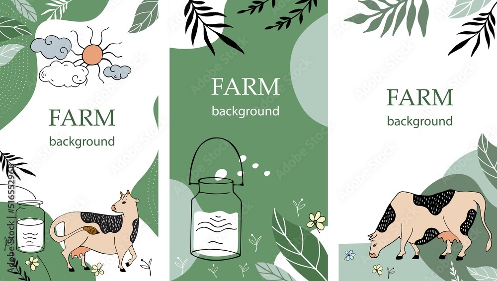 Cows, milk can, sun, clouds and flowers. Social media templates. Flyer ...