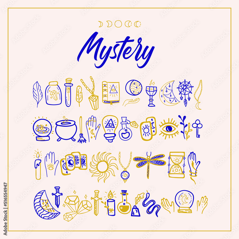 Mystery Doodle Set. Vector Illustration of Magic and Witchcraft Symbols ...