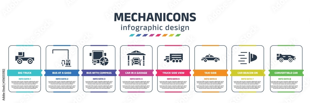 mechanicons infographic design template with big truck, bus at a gaso ...