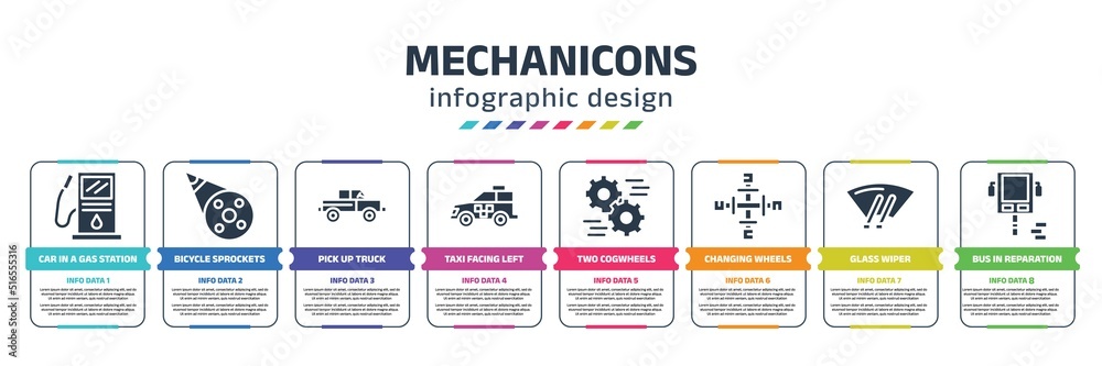 mechanicons infographic design template with car in a gas station ...
