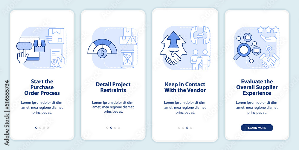 Effective purchasing process light blue onboarding mobile app screen ...