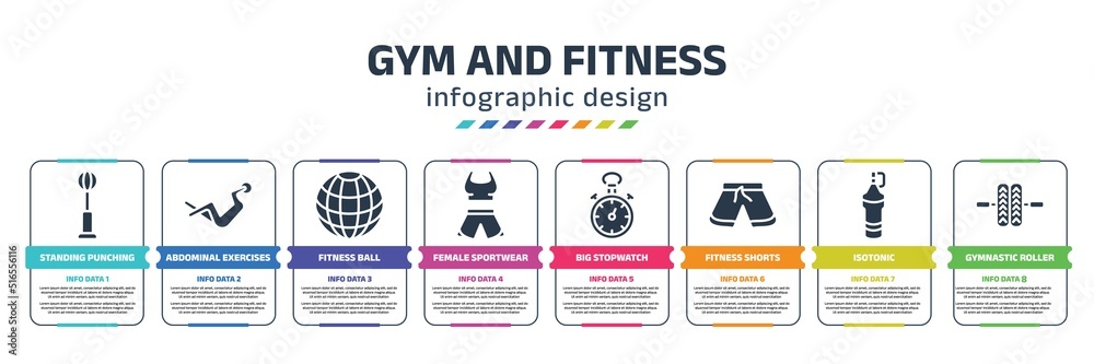 gym and fitness infographic design template with standing punching ball ...