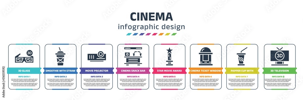 cinema infographic design template with 3d glass, smoothie with straw ...