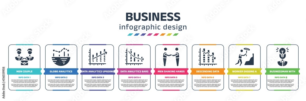 business infographic design template with men couple, globe analytics ...