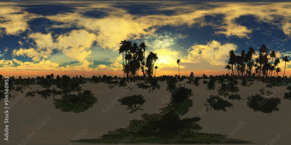 Oasis at sunset in a sandy desert. Environment map. HDRI . equidistant ...