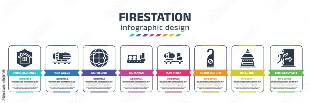 firestation infographic design template with home insurance, tank wagon ...