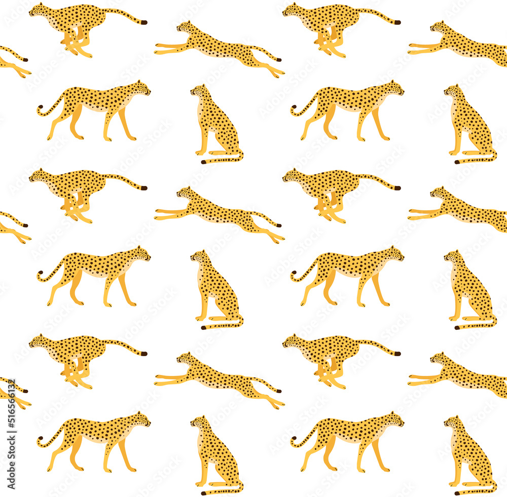 Vector seamless pattern of flat hand drawn cheetah isolated on white ...