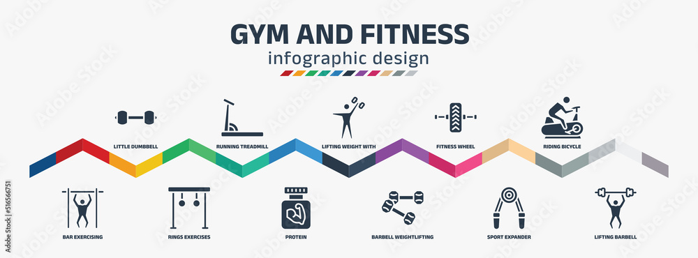 gym and fitness infographic design template with little dumbbell, bar ...