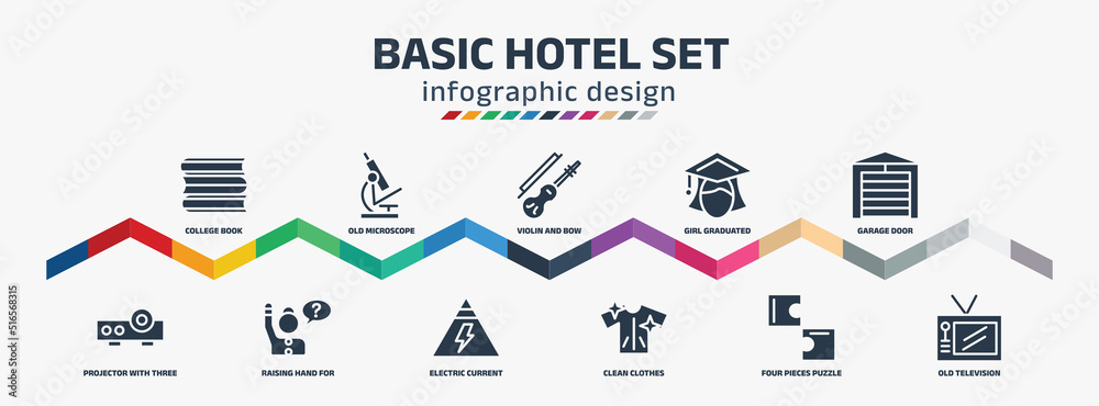 basic hotel set infographic design template with college book ...