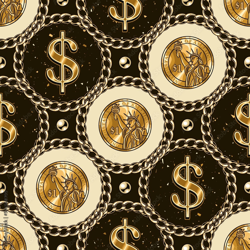 Seamless vintage diagonal pattern with gold dollar sign, one dollar ...