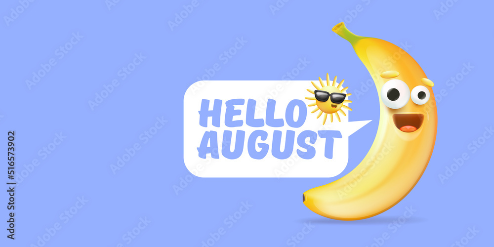 hello August horizontal banner with cartoon sun and funky banana ...