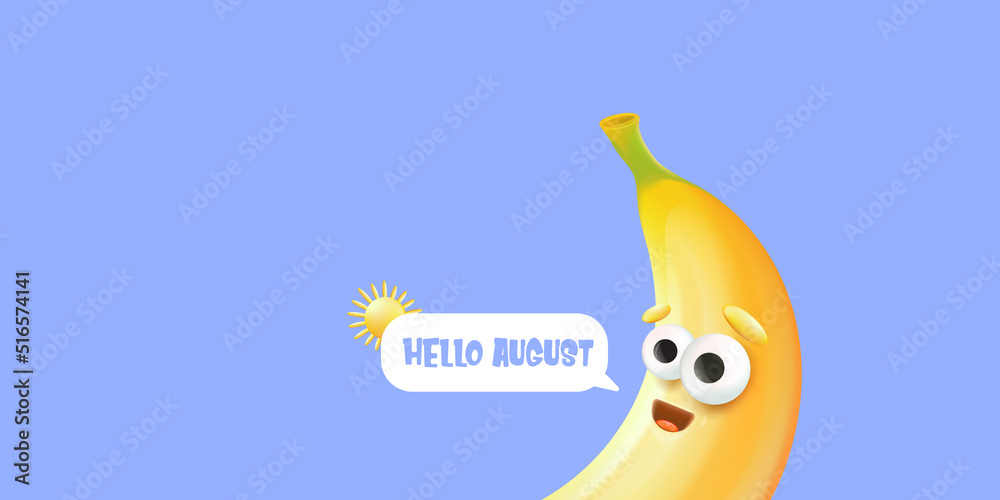 hello August horizontal banner with cartoon sun and funky banana ...