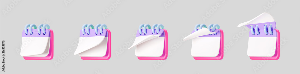 3d pink calendar icons with flipping pages and rings isolated on gray ...