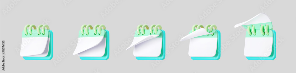 3d blue calendar icons with flipping pages and rings isolated on gray ...