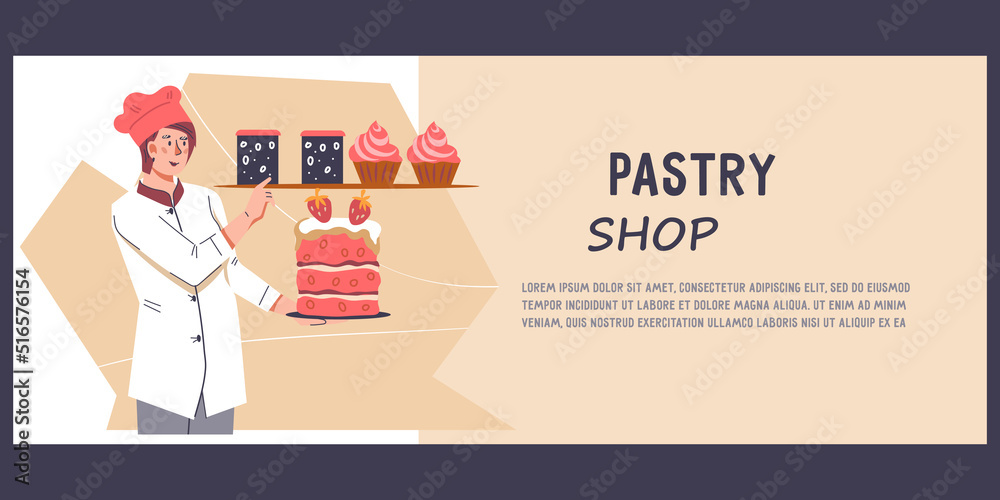 Pastry cake shop banner or flyer mockup with confectioner female ...