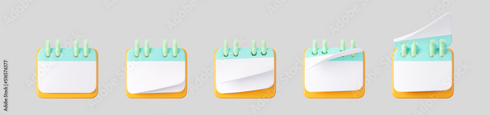 3d calendar icons with flipping paper pages and rings isolated on gray ...