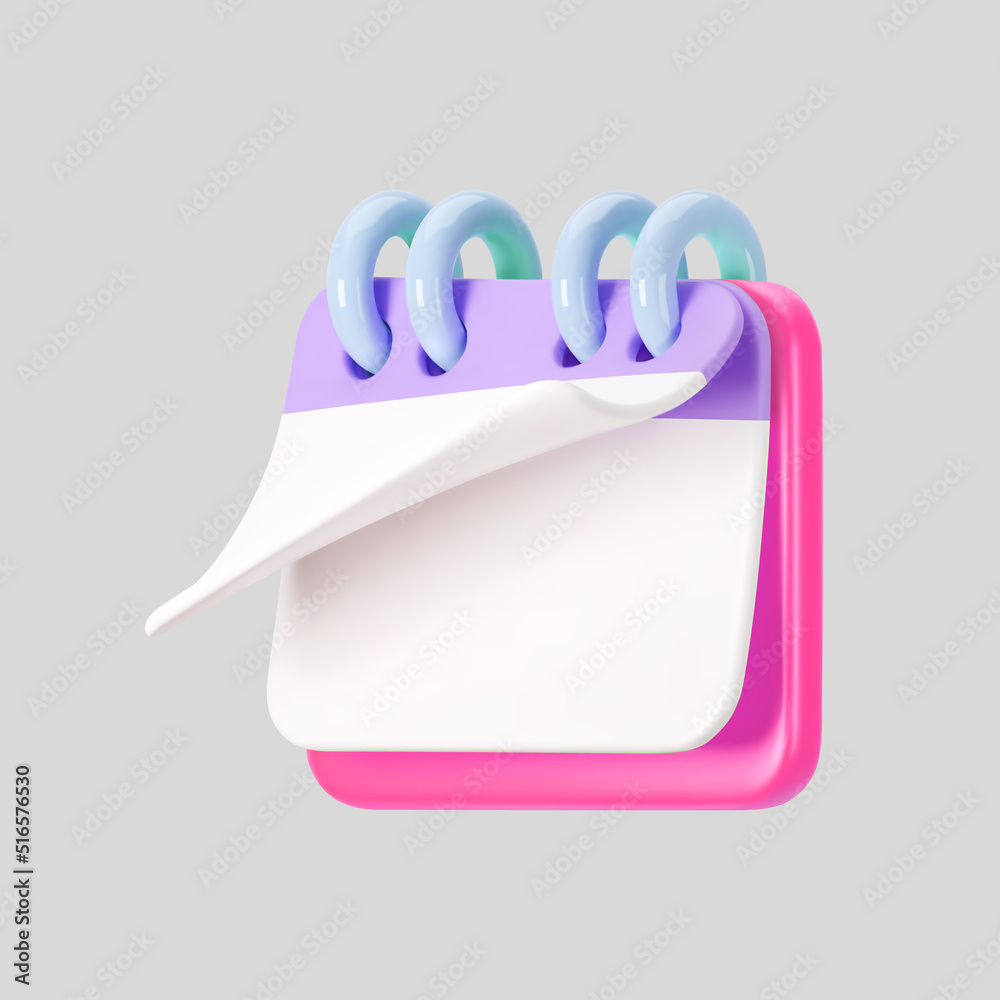 3d pink calendar icon with flipping pages and rings isolated on gray ...