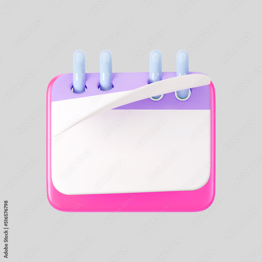 3d pink calendar icon with flipping pages and rings isolated on gray ...