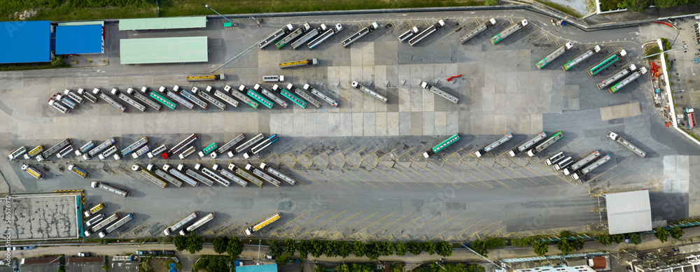 Aerial top view of Fuel Tanker Trucks at Truck Park in Oil Refinery ...