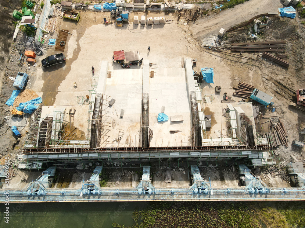 Aerial view view of the Construction of spillway gate of the dam in ...