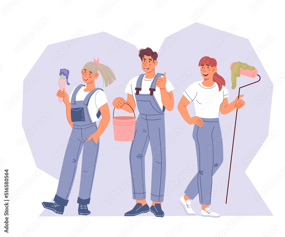 Team of workmen for house renovation and repair service, flat cartoon ...