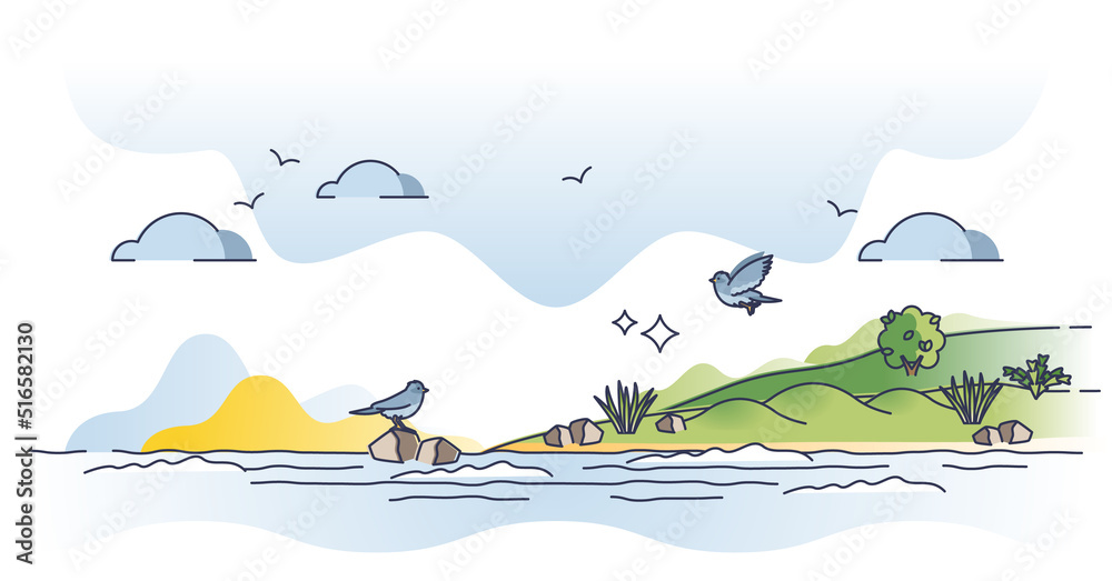 Coastal landscape scene with sea or ocean coast and beach outline ...