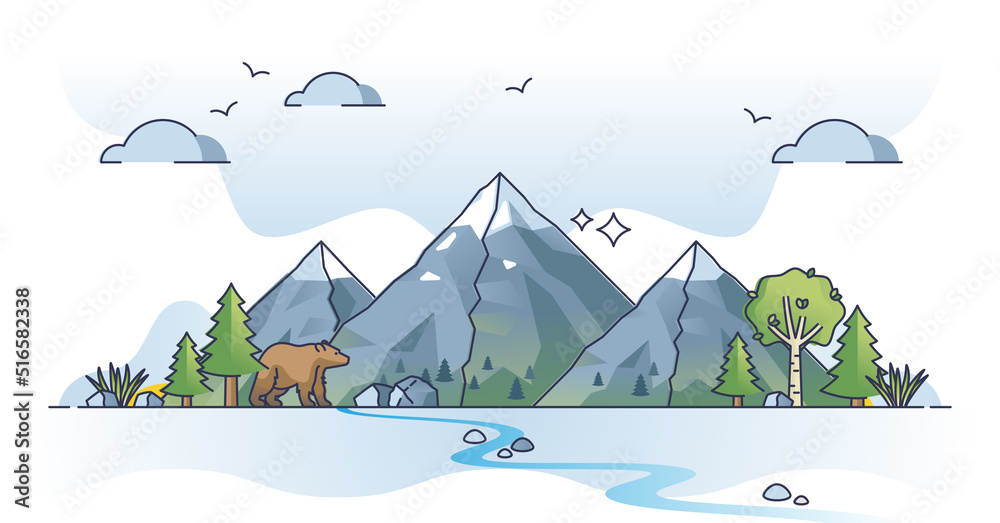 Mountain landscape with hills and summits in high altitude outline ...