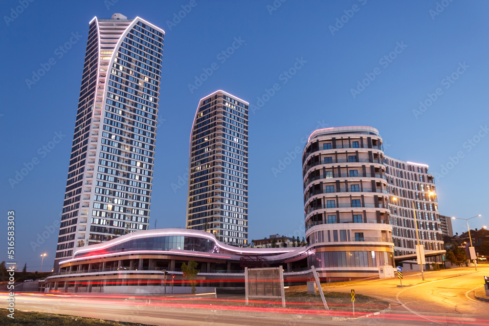 Skyscrapers landscape. Real estate concept. Tall buildings with street ...
