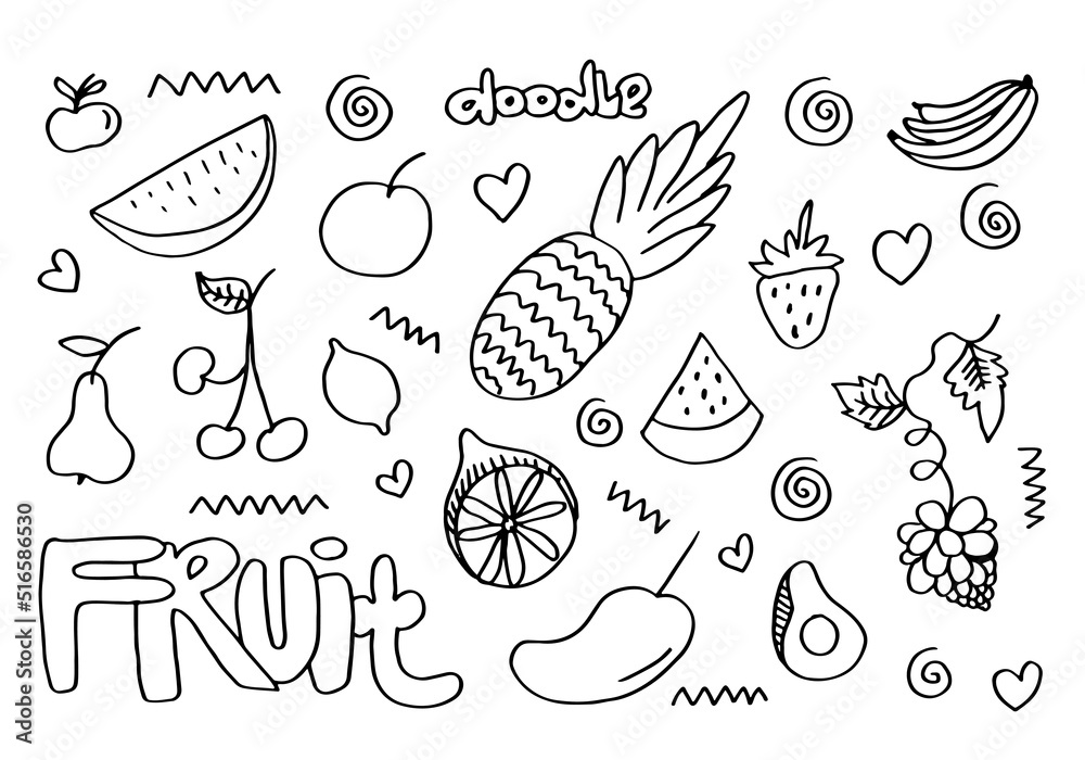 Doodle fruit set. hand drawing of fruits in different styles. Stock ...