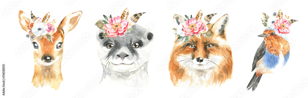 Watercolor woodland boho animal set of forest isolated cute deer,otter ...