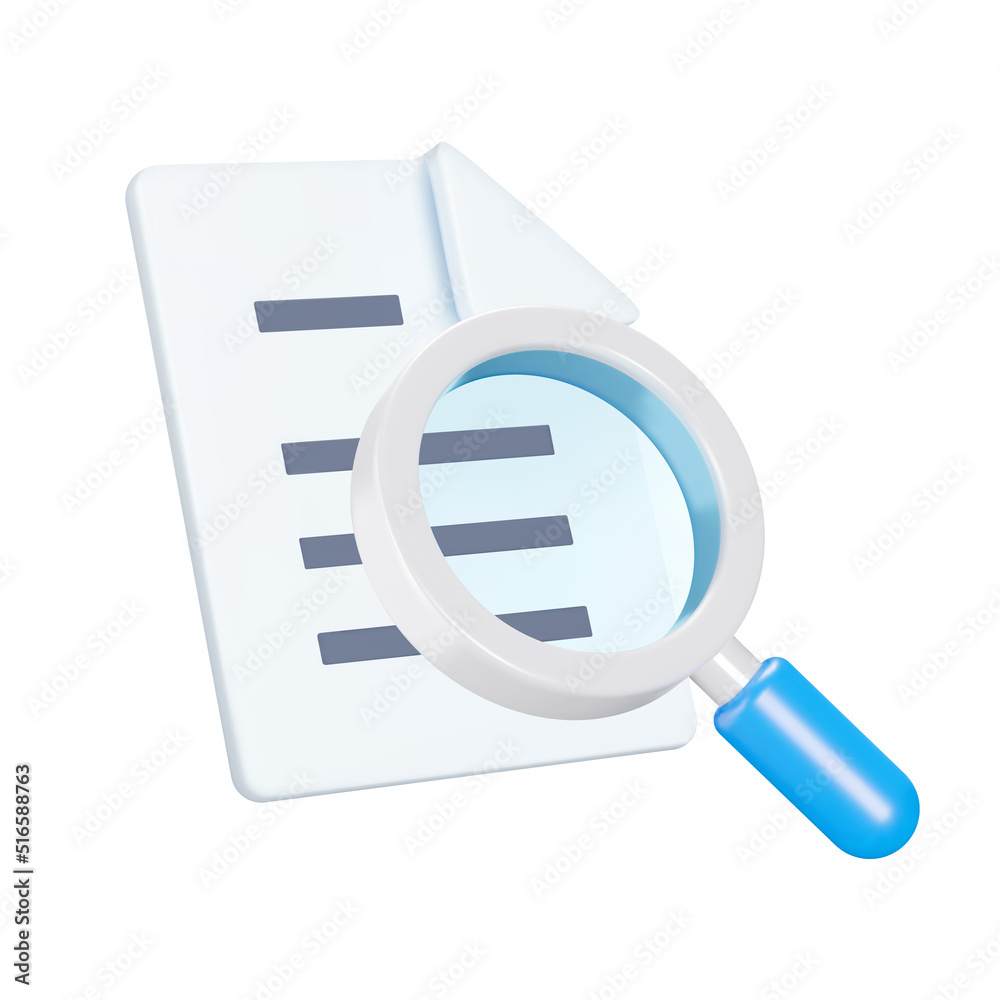 Document examination 3d icon. Magnifying glass and a sheet of text ...