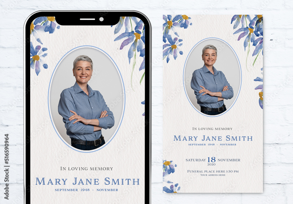Blue Watercolor Flowers Digital Obituary Stock Template | Adobe Stock